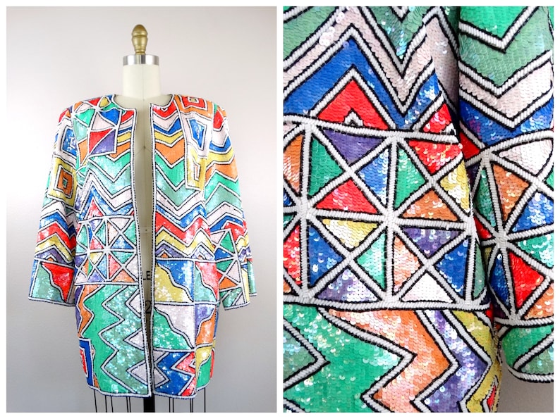 NEON Glam Sequined Beaded Jacket / Bright Color Block Novelty - Etsy