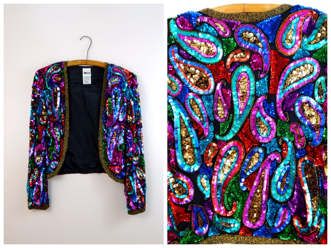 80s Glam Sequin Bolero / Retro 1980's Vintage Rainbow Sequined Paisley ...