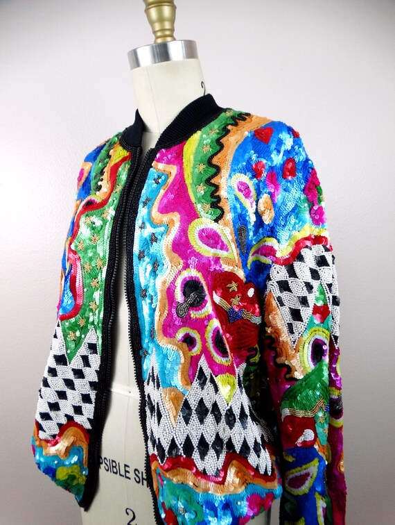 80s Retro Sequined Jacket // Rainbow Bomber Jacket //… - Gem