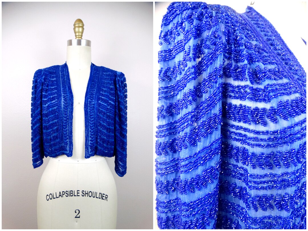 Antique Micro Beaded Sheer Bolero // Royal Blue Hand Beaded Shrug ...