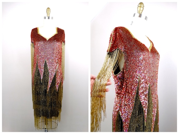 M/L Red & Gold Fringe Beaded Vintage Flapper // Handm… - Gem