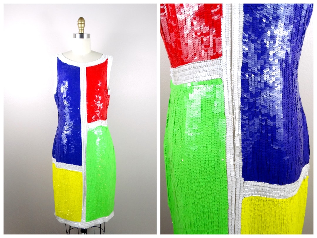 90s Bright NEON Sequin Dress / Geometric Color Block Party Dress ...