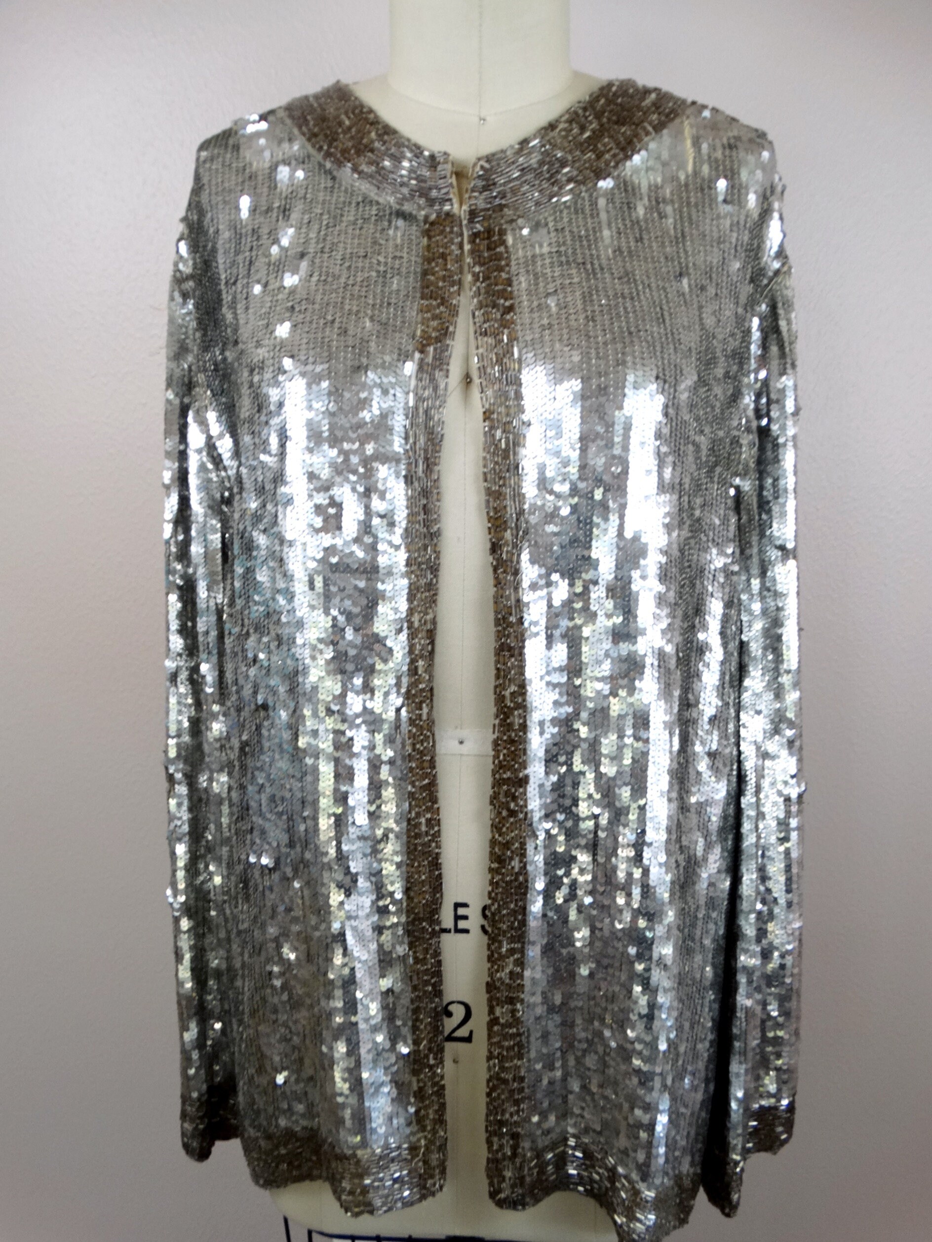 L/XL Reflective Sequin Open Cardigan / Mirror Silver Sequined ...