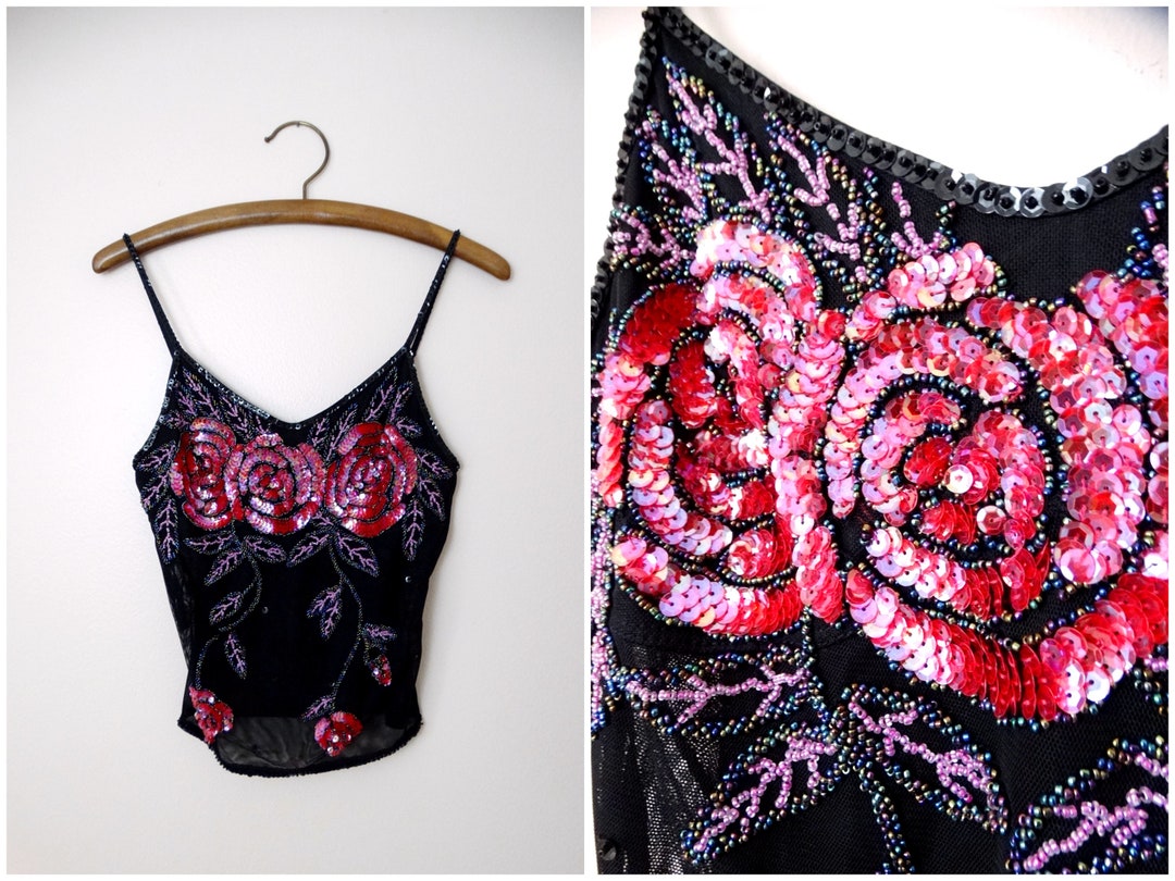 Y2K Rose Sequin Mesh Tank Top // Early 2000's Vintage Red Floral ...