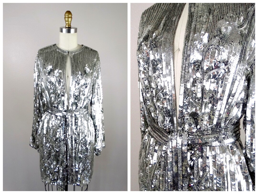 Flashy Sequin Open Top / Mirror Silver Sequined Embellished Glass ...