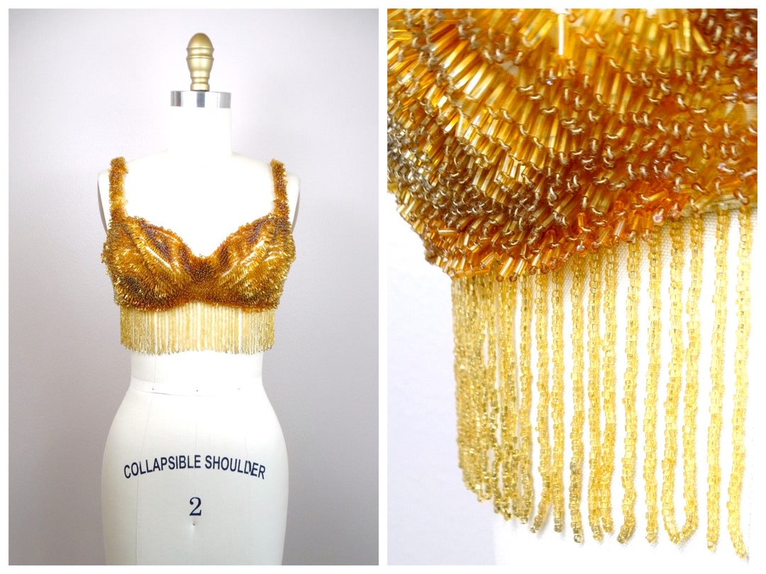 VTG Fringe Beaded Bra // Gold Embellished Madonna Bustier // Gold ...