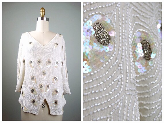 80s beaded top white - Gem