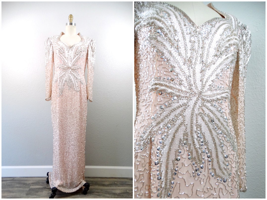 HEAVY Blush Pink Beaded Gown / Heavily Embellished Floor Length Dress ...