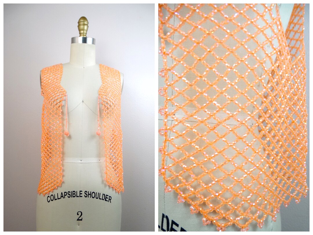 Neon Lattice Beaded Mesh Vest // Iridescent Fluorescent Orange Plastic ...