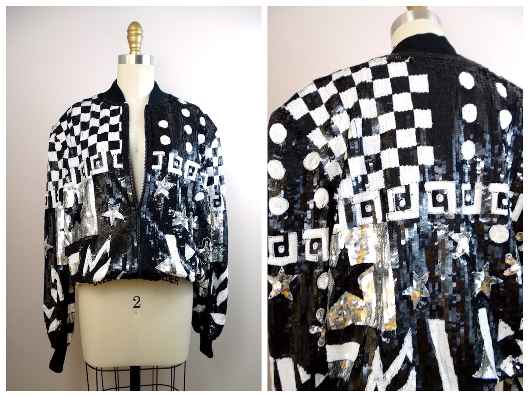 80s Retro Vintage Sequin Bomber Jacket // Mod 1980's Black & White ...