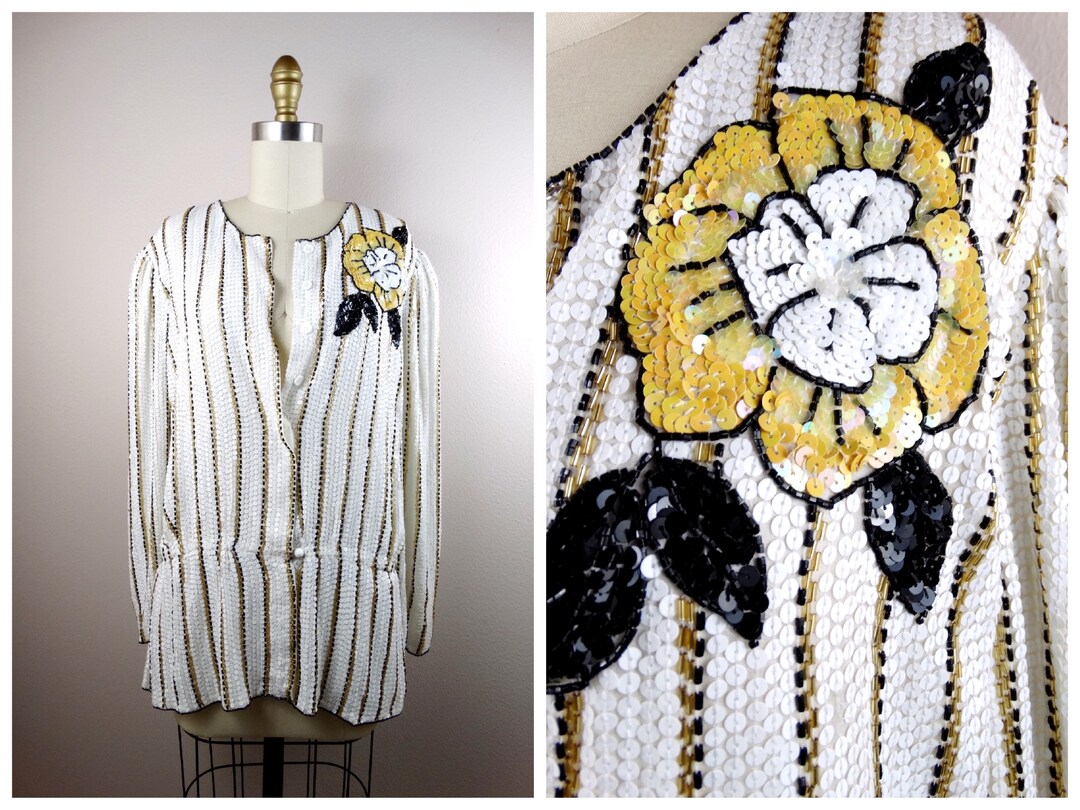 L/XL White Sequin Gold Beaded Top // Art Deco Sequined Long Sleeved ...
