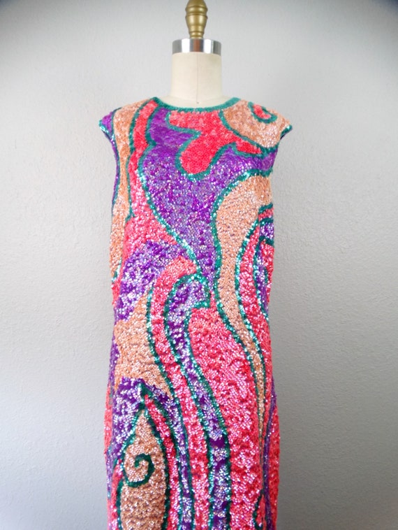 50s 60s Psychedelic Sequin Gown / 1950's 1960's Retro… - Gem