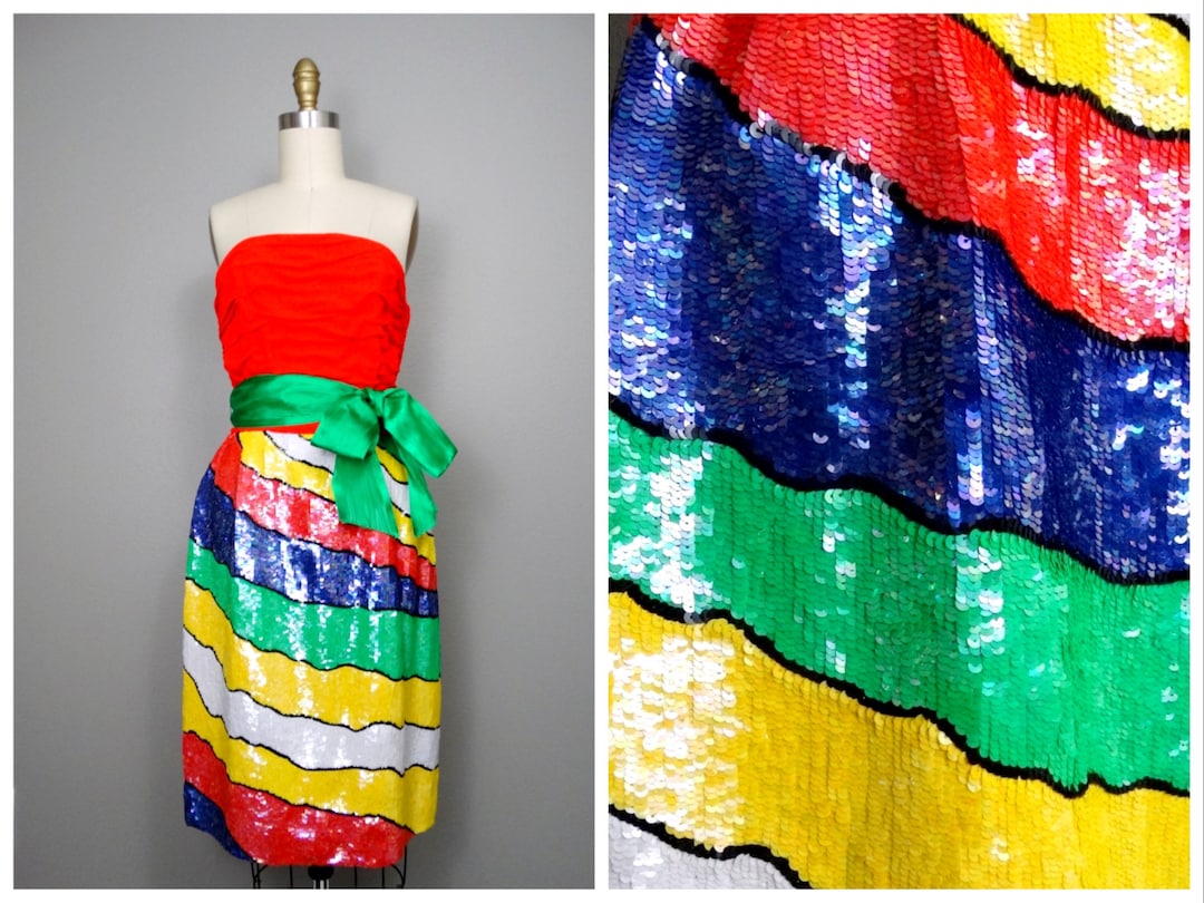 70s 80s Couture Sequin Dress / RARE Vintage Designer Neon Sequined ...