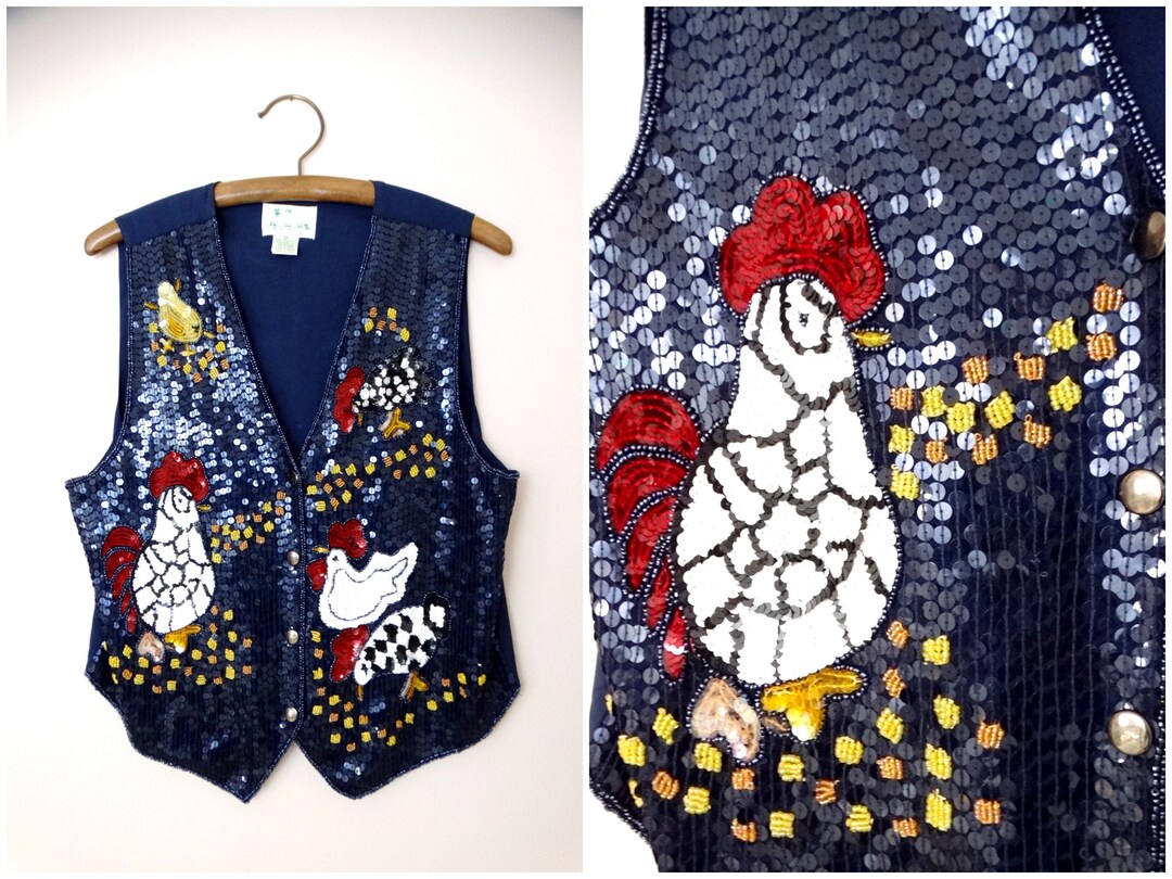 Chicken Lovers Sequin Vest // Rooster Beaded Sequined Top - Etsy