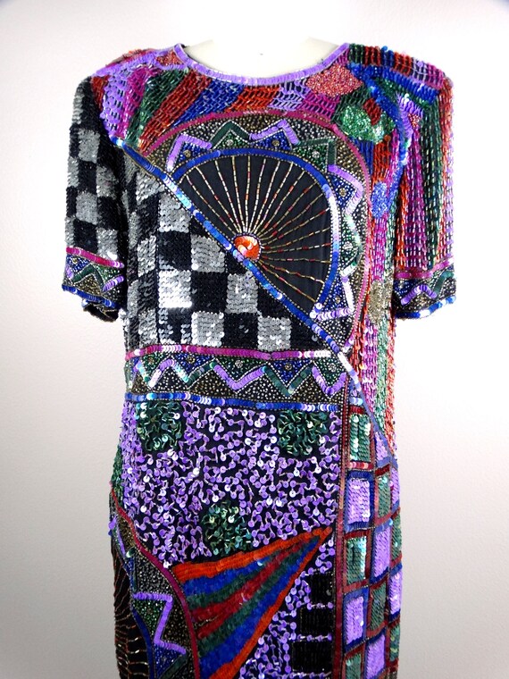 80s Retro Sequin Party Dress / 1980's Rainbow Sequine… - Gem