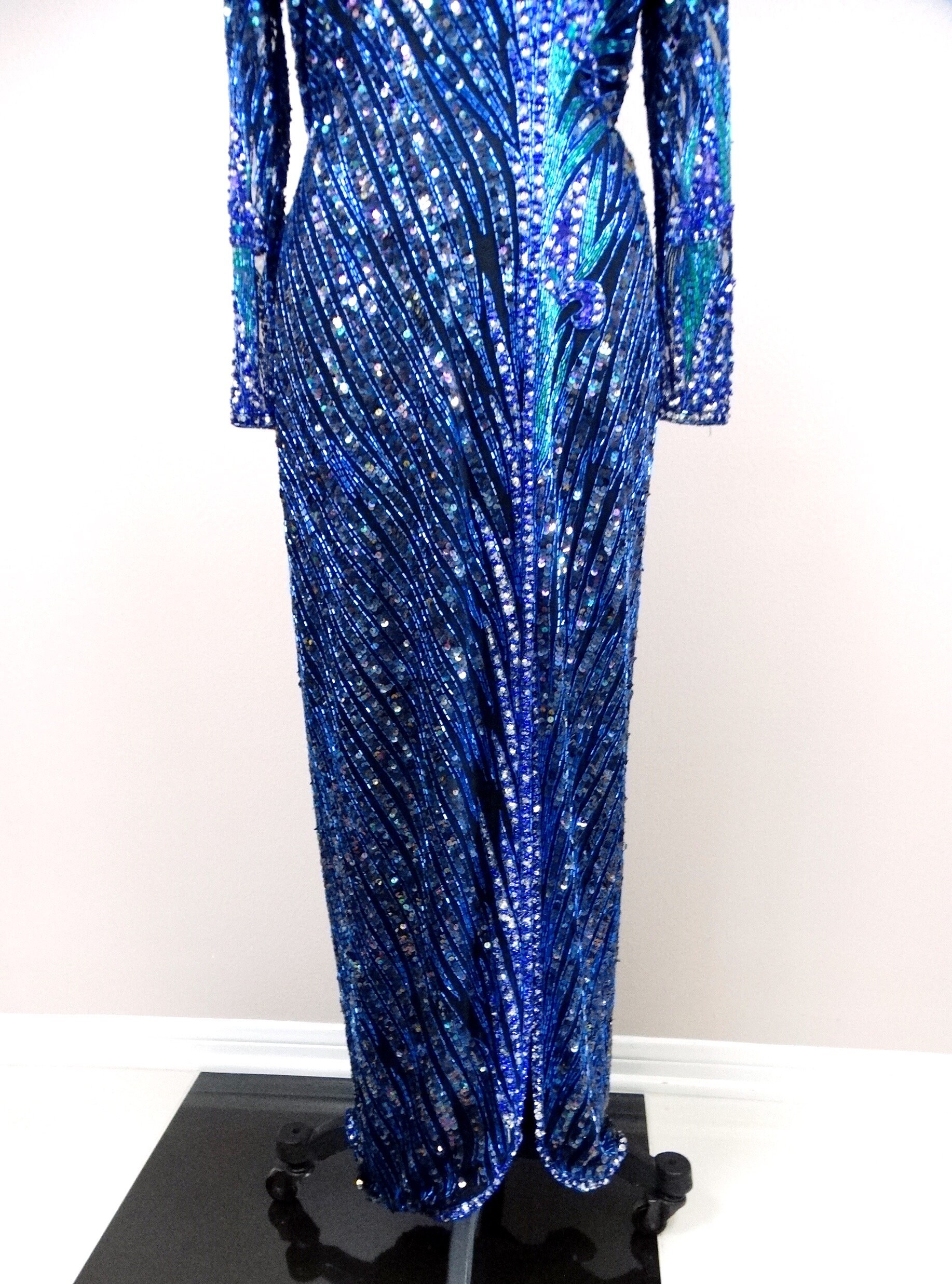 Bob Mackie Crystal Beaded Evening Gown // Royal Blue and Teal Green ...