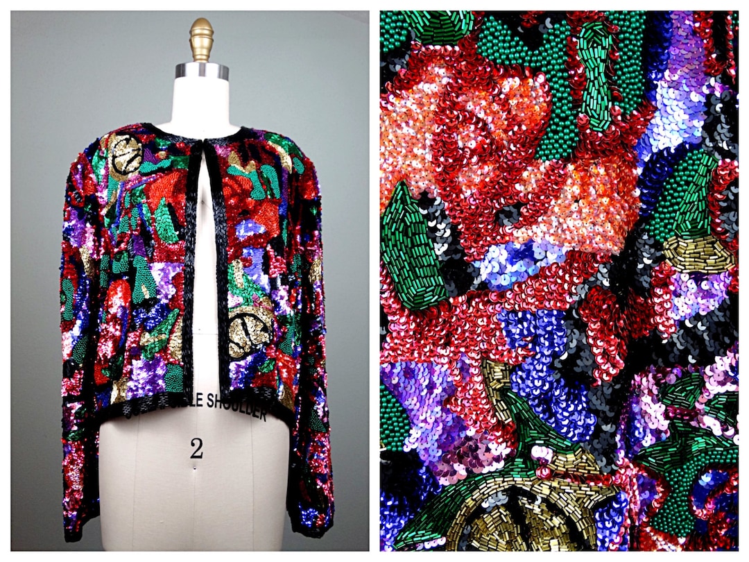 STUNNING Heavily Beaded Sequined Jacket / Bright Orange Green Purple ...