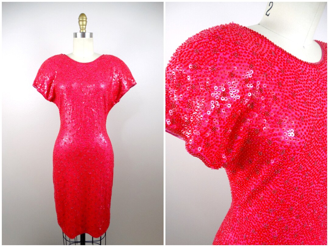 S/M Strawberry Pink Sequin Bodycon Dress // Bright Fuchsia Sequined ...