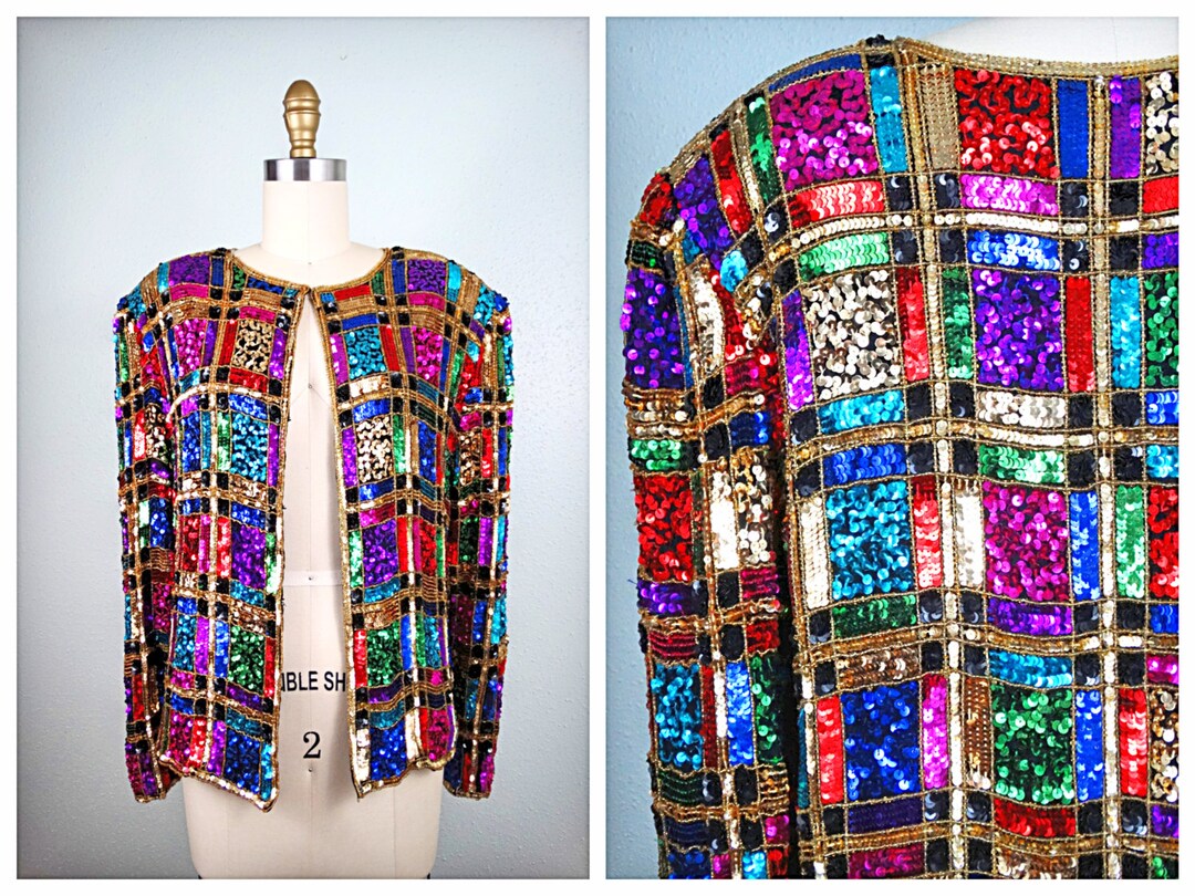 80s Colorblock Sequin Jacket / Bright Colorful Beaded Cardigan / Retro ...