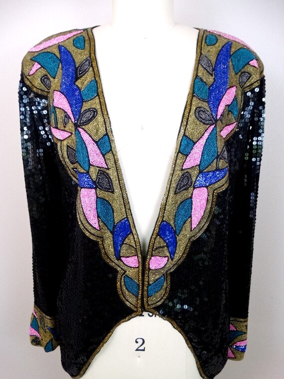 RARE Deco Micro Beaded Deep V Neck Open Top / Black S… - Gem