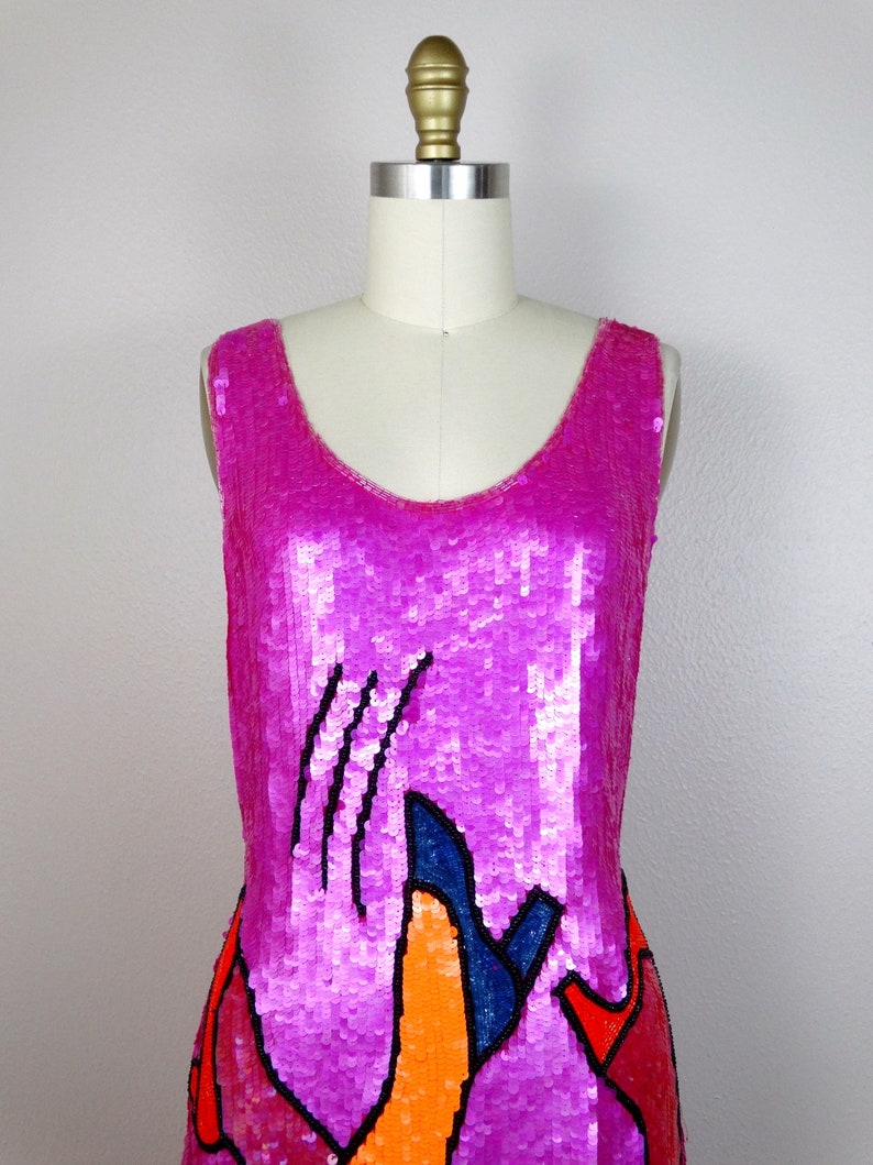 RARE Glamour Sequined Dress / POP ART Vintage Embellished Dress / Artsy Novelty Beaded Dress ...