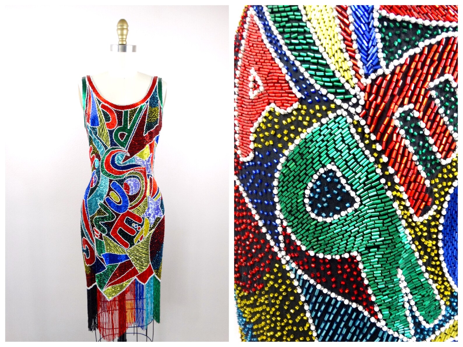 Hand Beaded Fringe Dress // Heavily Beaded Sequined Colorful - Etsy