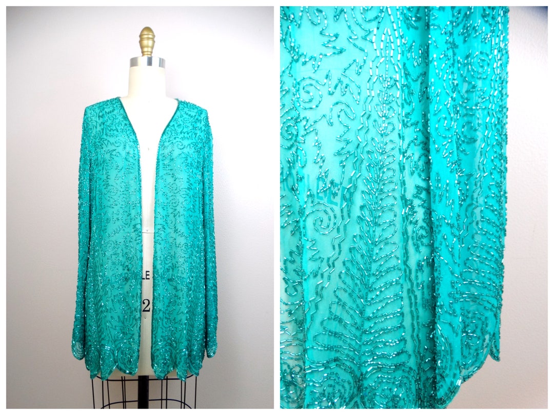 Bright Teal Beaded Long Jacket / Turquoise Green Embellished Silk ...