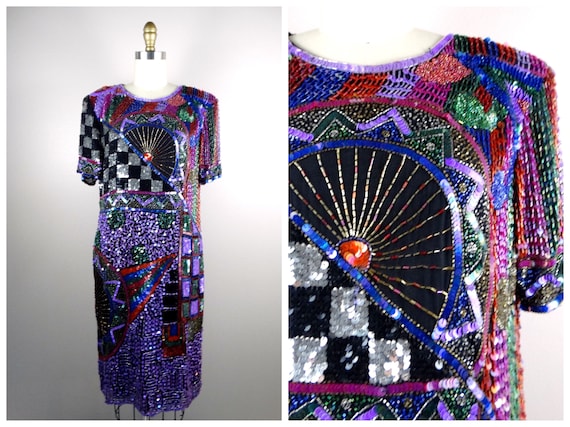 80s Retro Sequin Party Dress / 1980's Rainbow Sequine… - Gem