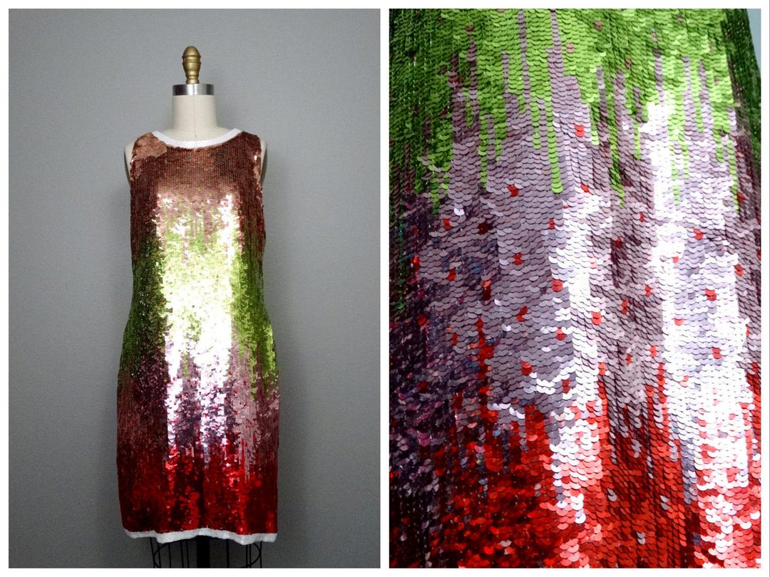 S/M Ombré Sequin Dress // Red Pink and Green Sequined Dress ...