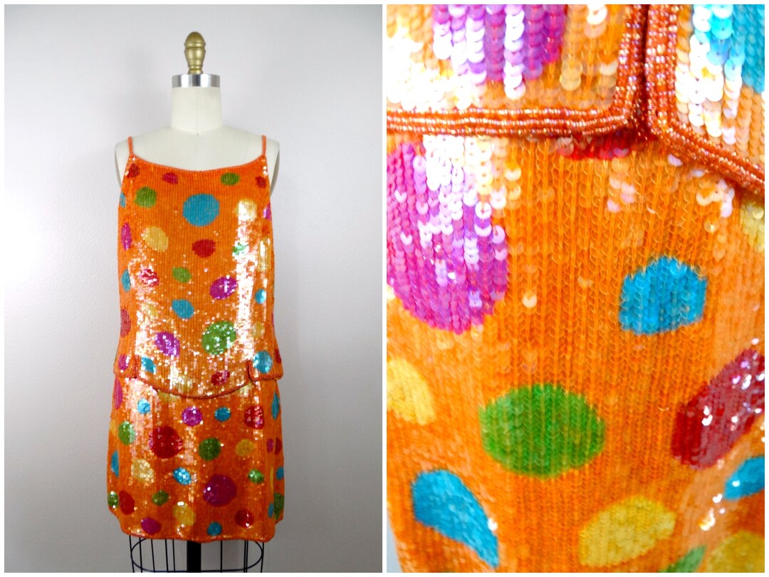 90s Retro Sequin Embellished Top and Mini Skirt / MOD Polka Dot ...