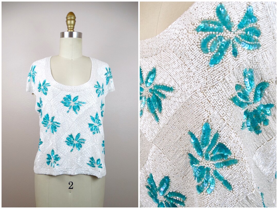Vintage HEAVY Beaded Top / Heavily Embellished Top / White Turquoise ...