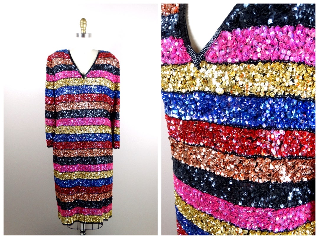 L/XL Bright and Colorful Sequin Dress // Pink Red Black Blue and Gold ...