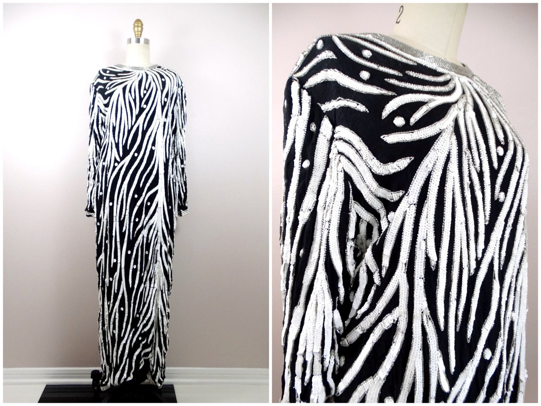 70s 80s Sequin Plus Size Gown / Black and White Silk Beaded Dress by ...