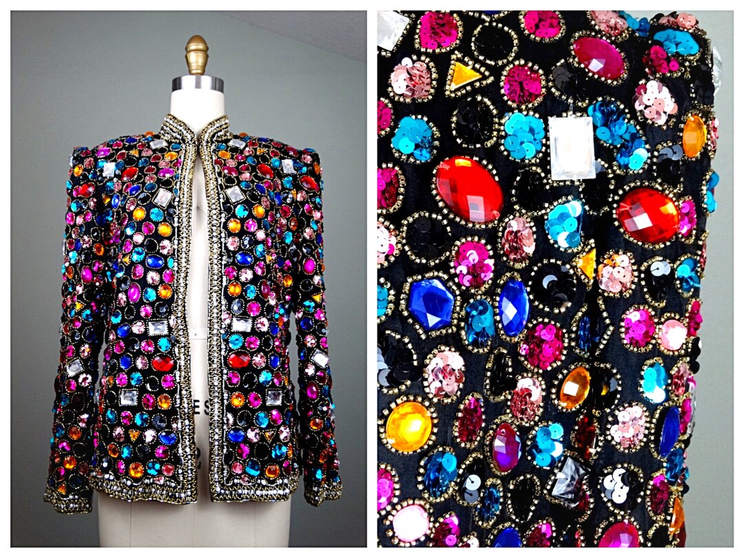 HEAVY Jewel Embellished Sequin Trophy Jacket // Rainbow Rhinestone ...