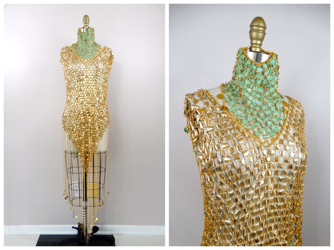 Vintage Chain Mail Dress // Light Metal Discs Mesh Dress // Liquid Gold ...
