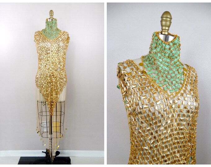 Vintage Chain Mail Dress // Light Metal Discs Mesh Dress // Liquid Gold ...