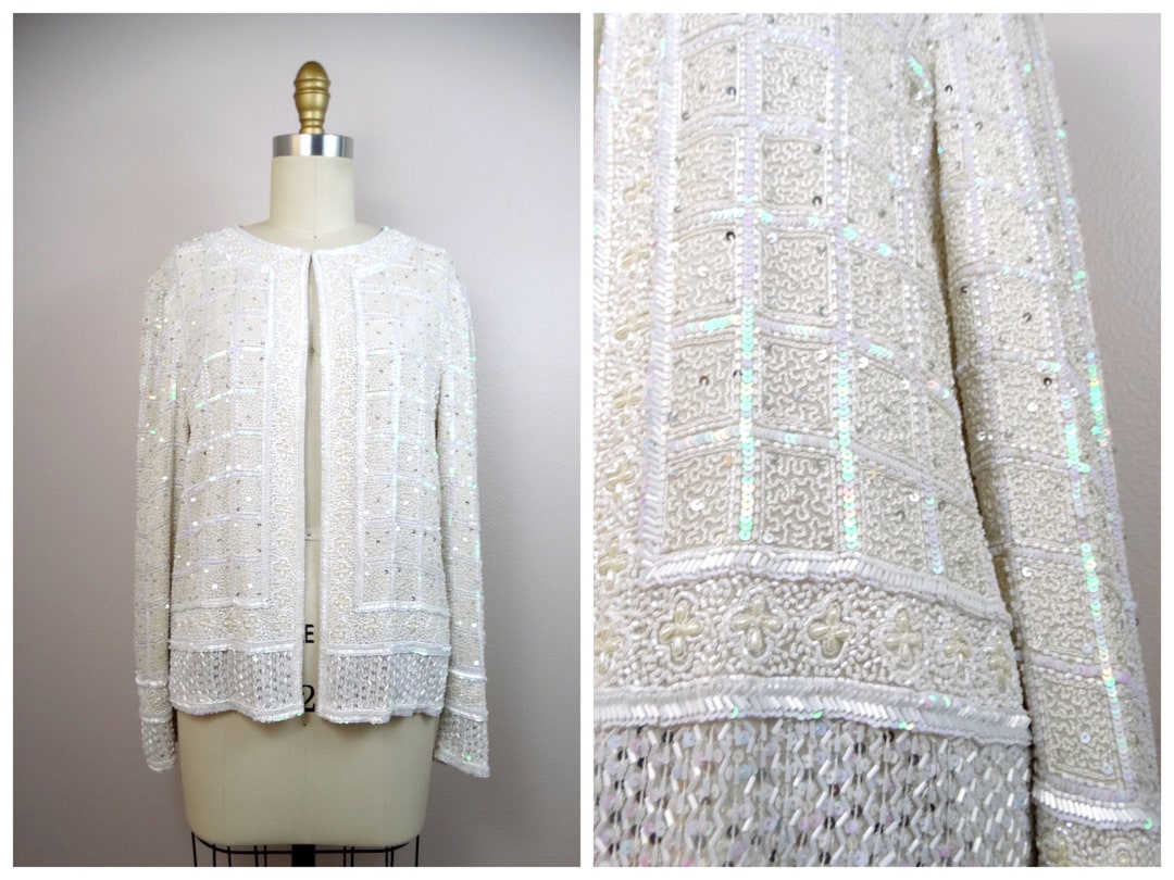 S/M Iridescent Beaded Jacket / Bright White Opalescent Sequined Jacket ...