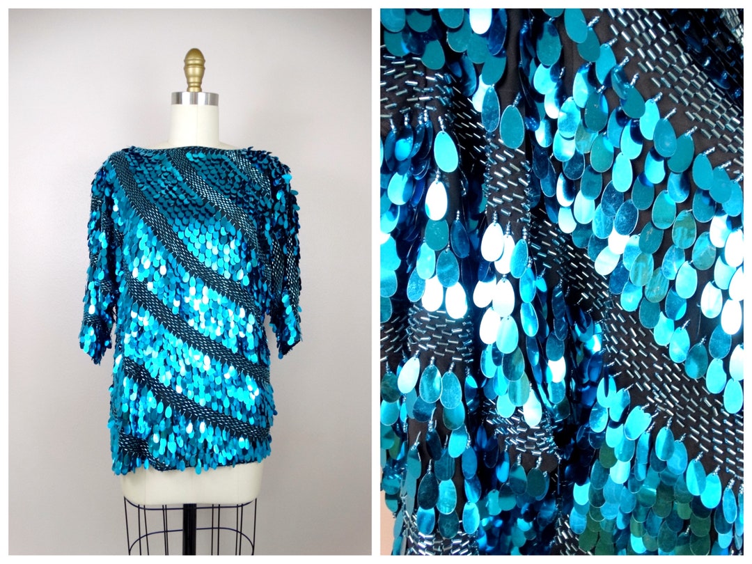Turquoise Paillette Sequin Embellished Top / All Over Spangle Fringe ...