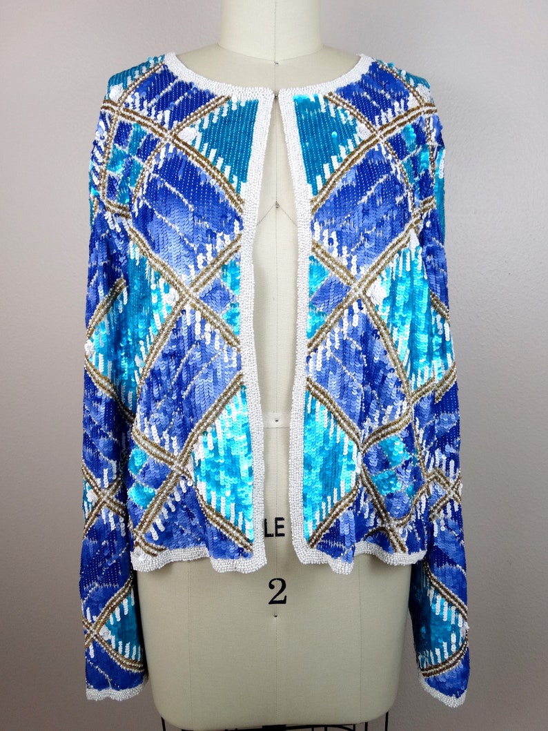 Neon Blue Sequin Jacket / Metallic Sequined Beaded Cardigan Small ...