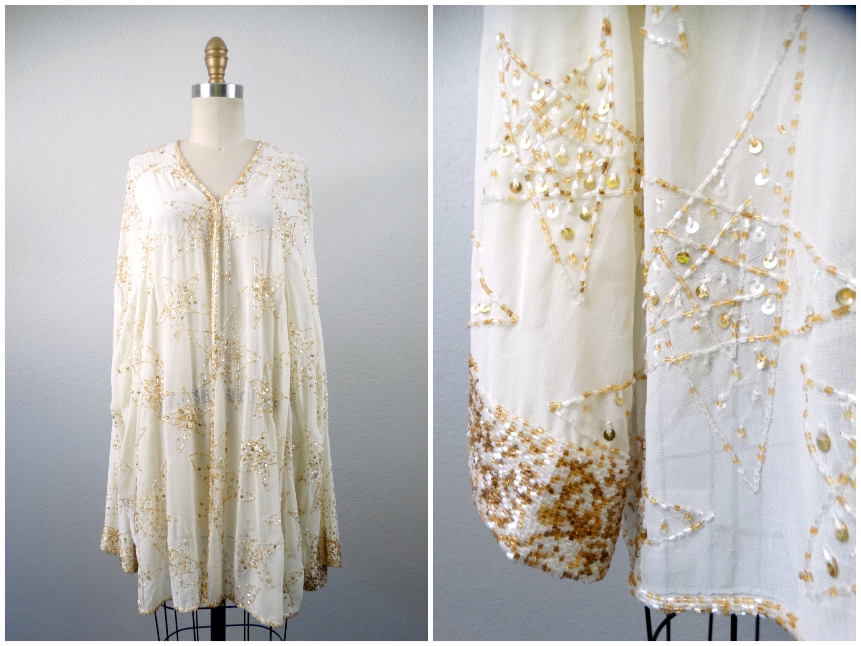 Vintage Star Beaded Duster, Ivory Gold Embellished Shrug (plus Size 2x ...