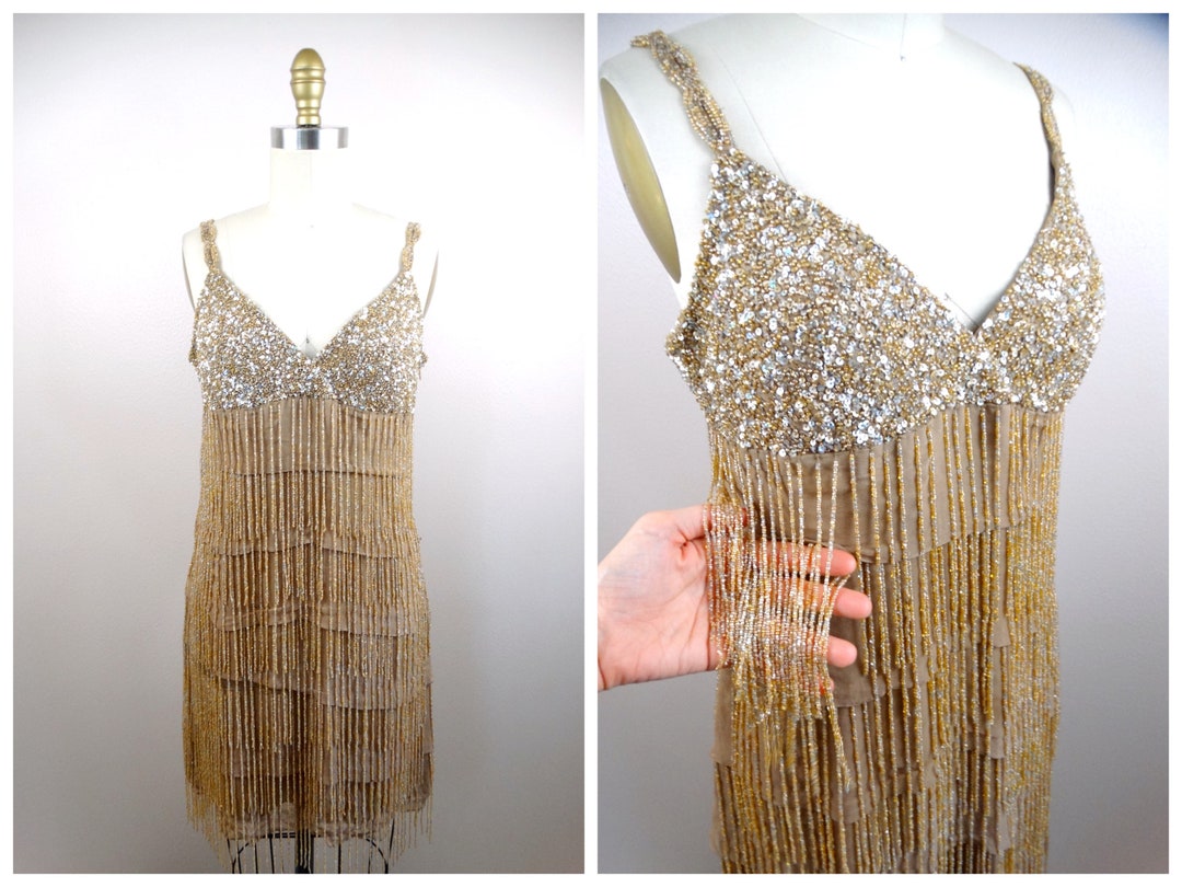 Dark Beige Fringe Beaded Mini Dress // Tan Almond Tassel Bead ...