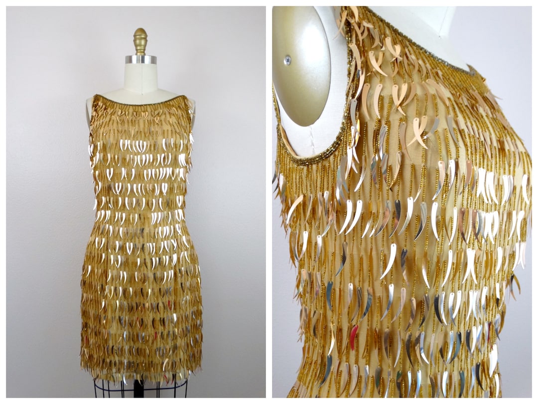 Flashy Fringe Mini Dress / Gold Cocktail Mini Dress / Tassel Beaded ...