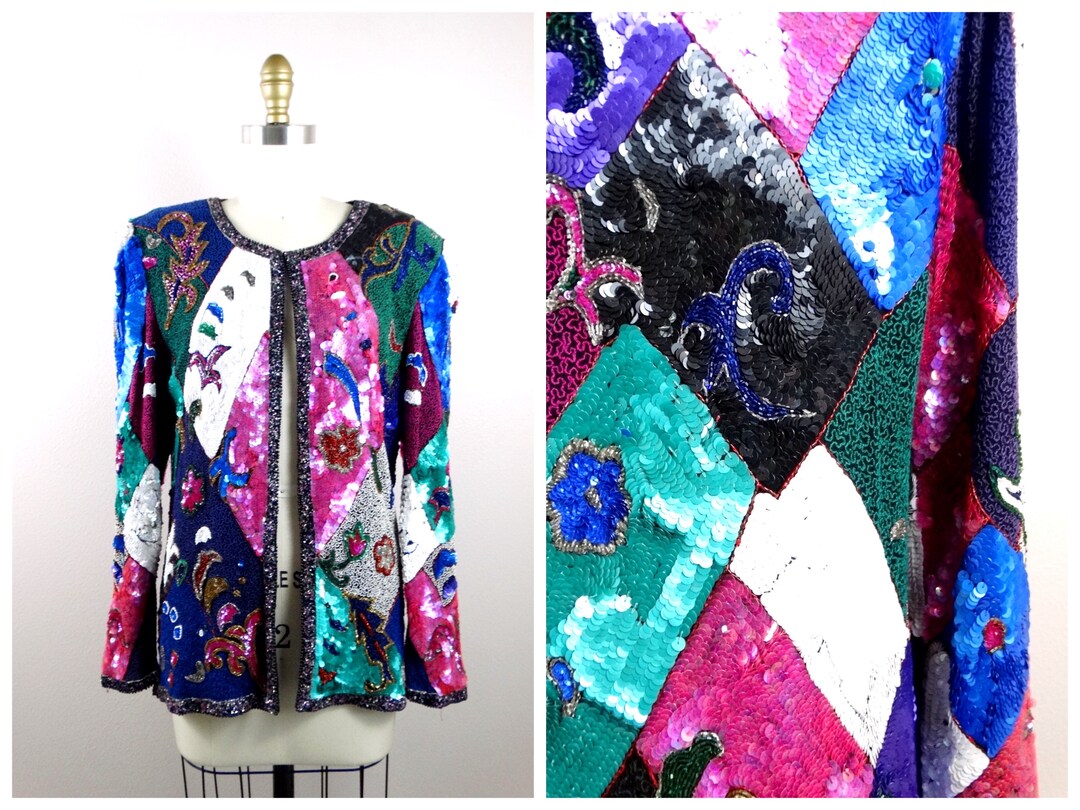 S/M Color Block Patchwork Sequin Jacket // Funky Colorblock Bright ...