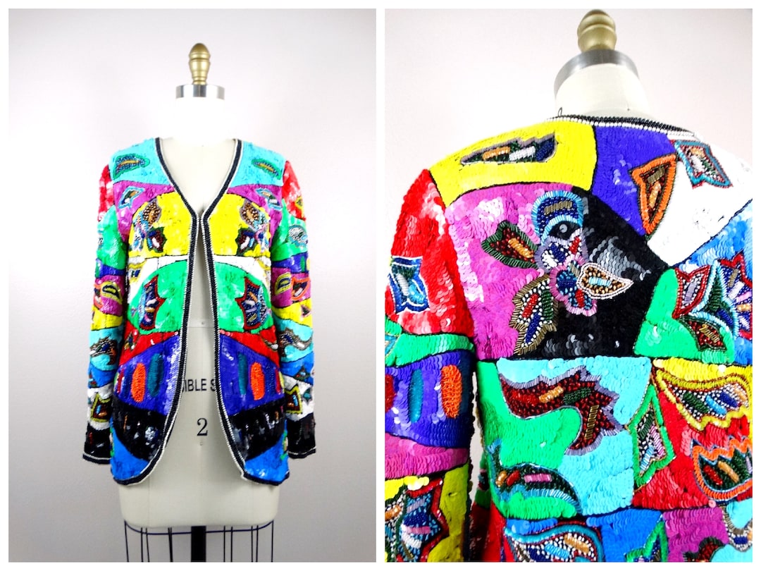 RARE Neon Sequin Jacket / Color Block Vintage Embellished Jacket / WOW ...