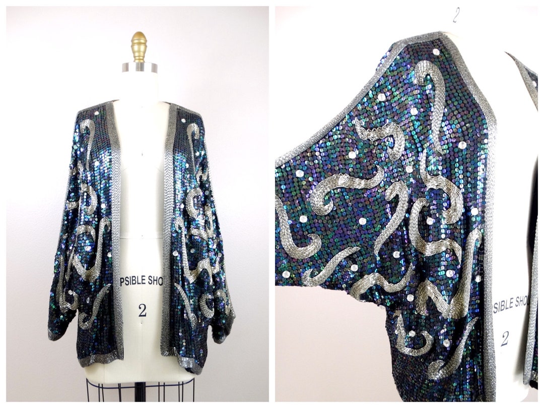 Jewel Beaded Sequin Evening Shrug // Black and Silver Gem Embellished ...