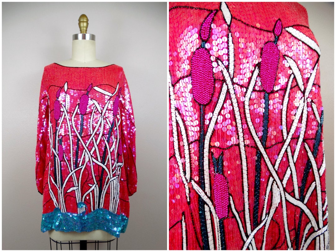 RARE Bright Sequin Top / Neon Pink Sequined Blouse / Abstract Cattails ...