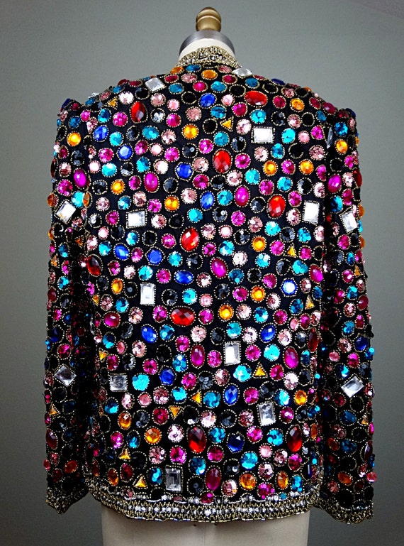 HEAVY Jewel Embellished Sequin Trophy Jacket // Rainb… - Gem