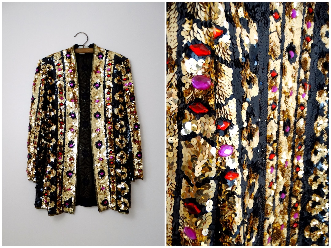 JEWEL Beaded Gold Sequin Jacket / RARE Red and Pink Bejeweled Long ...