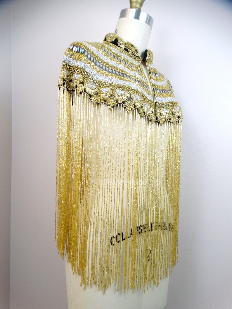 Glass Beaded Fringe Capelet // Gold Fringed Beaded Poncho Cape - Etsy