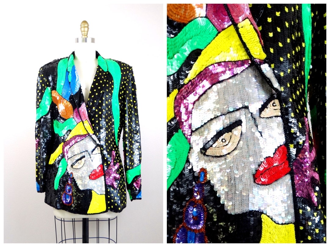 Funky Pop Art Sequin Blazer / Wearable Art Novelty Face Sequined Jacket / Groovy Cool Unique ...